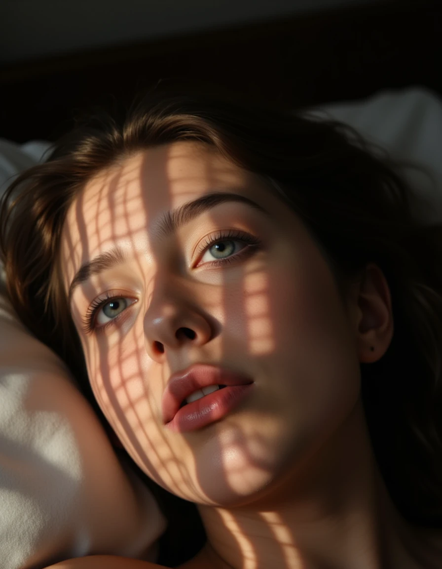 A photo of a (face bathed in patterned light:1.3),(speckled shadows ...