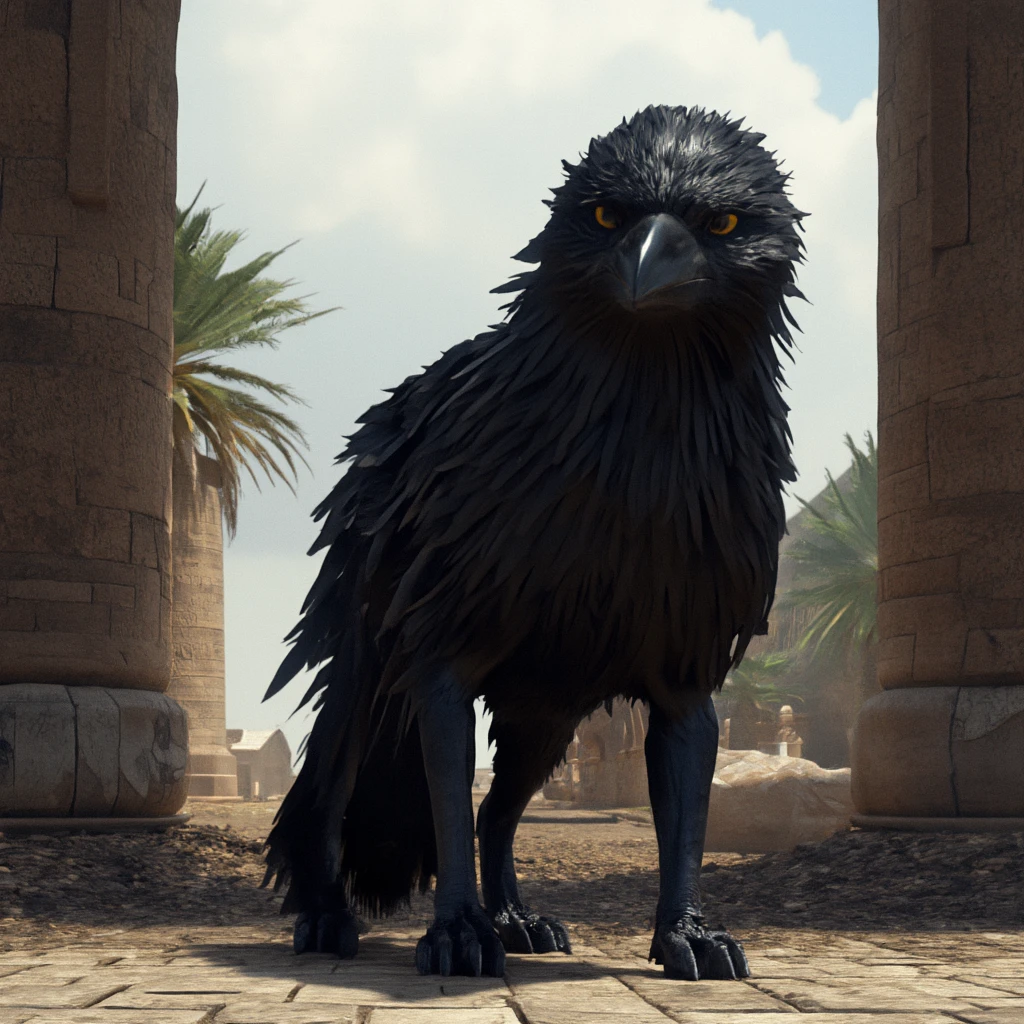 C_dawg, a crow with a wolfs body, it has the sleek, glossy black head ...