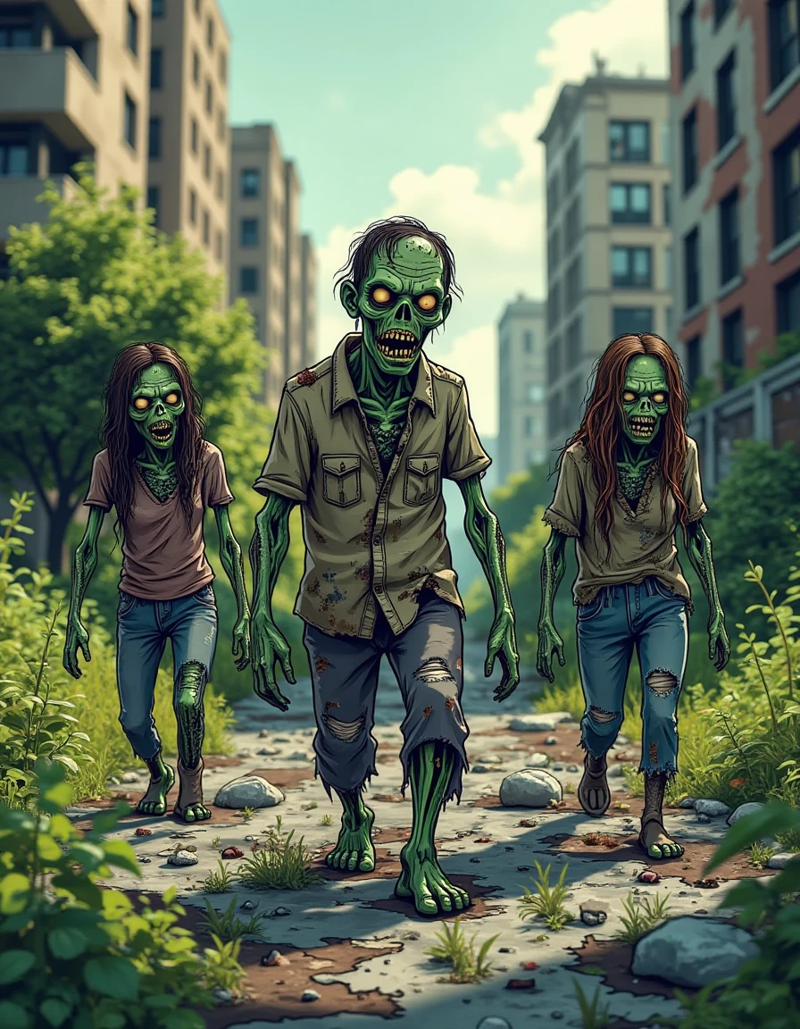 An comic illustration with ink outlines of a few evil cartoon zombies ...