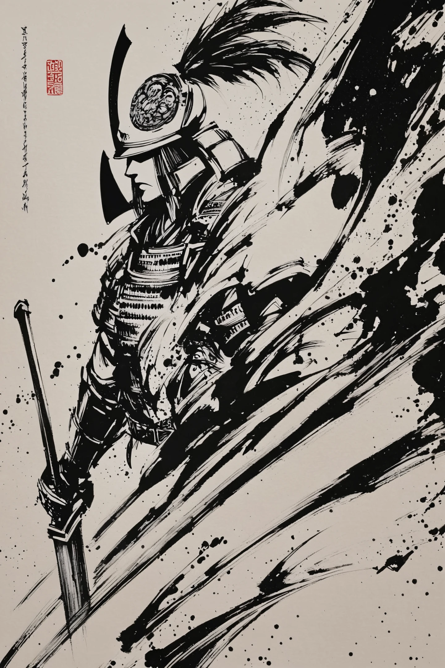 Armor,helmet,samurai,weapon,japanese armor,solo,1boy,monochrome - SeaArt AI