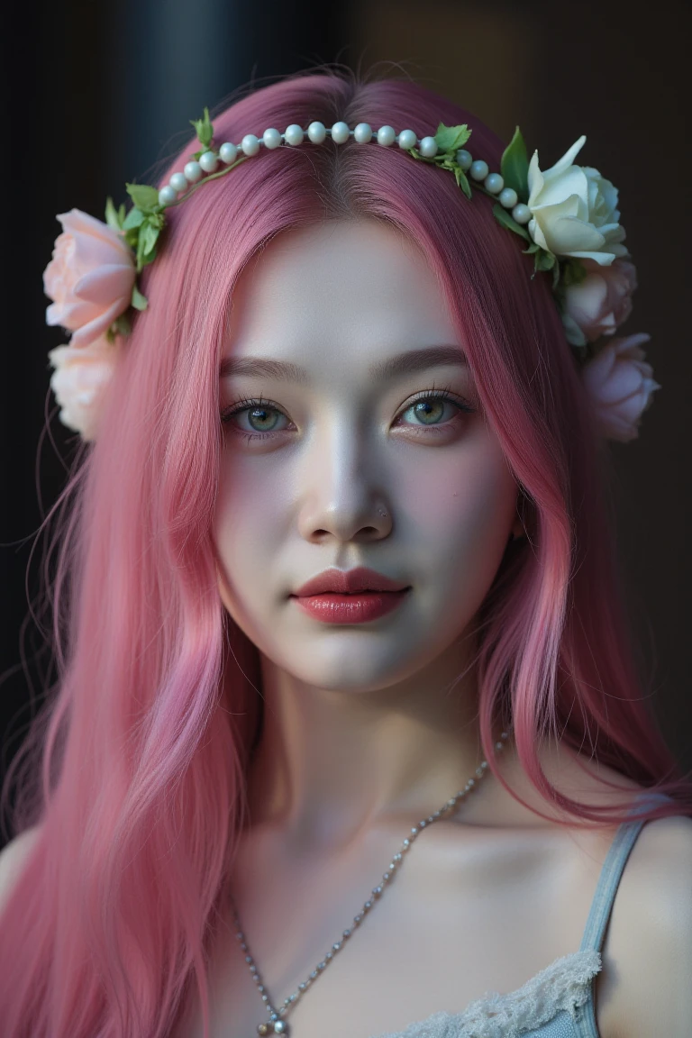 A high-resolution, softly lit photograph featuring a young Asian woman with a de - SeaArt AI