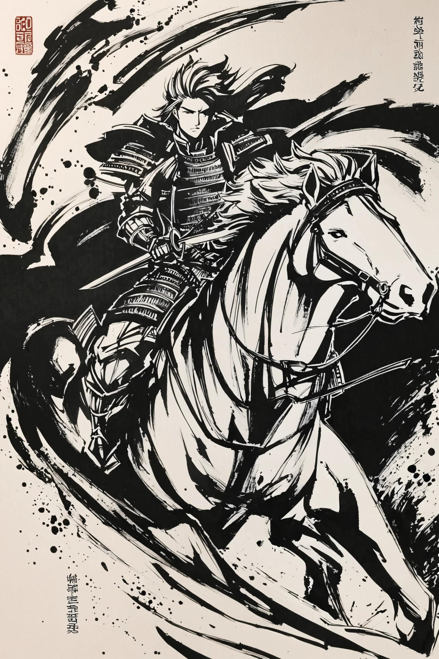 Monochrome, weapon, japanese armor, greyscale, sword, 1boy, male focus ...