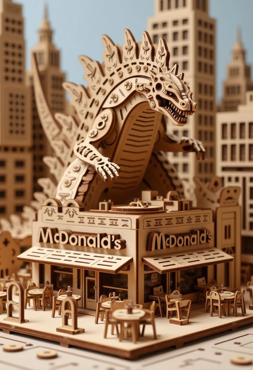 , a crafted wooden model featuring godzilla - SeaArt AI