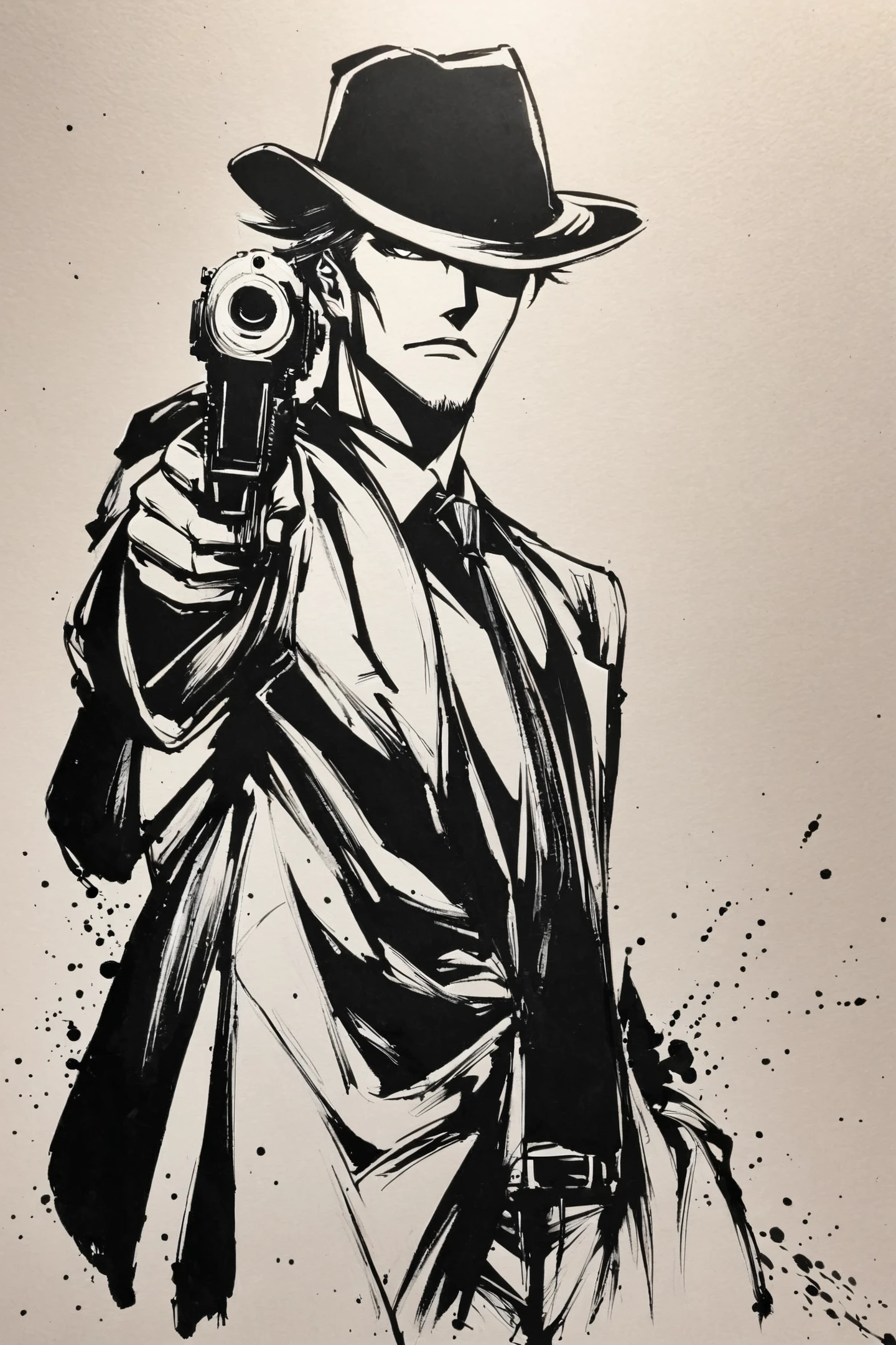 Hat,solo,gun,weapon,monochrome,1boy,male focus,fedora,greyscale - SeaArt AI