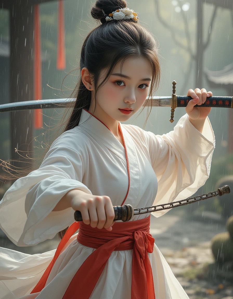 Hanfu girl,Cinematic Lighting,kongfu,with a chinese dagger,rain - SeaArt AI