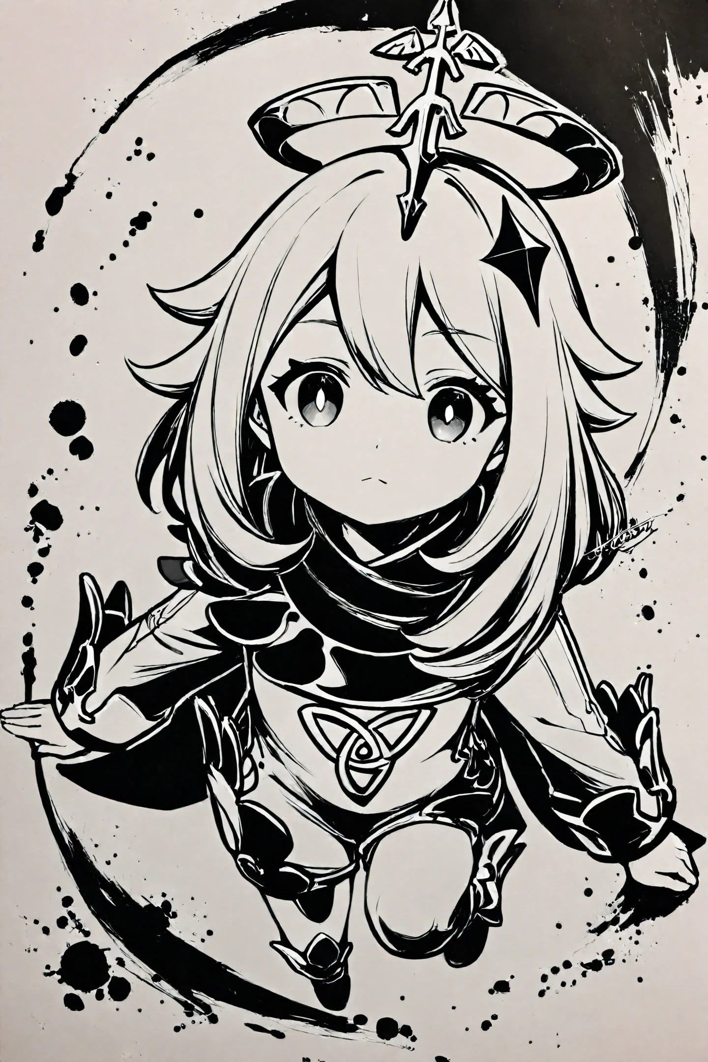 Ink \(medium\),paimon \(genshin impact\),1girl,monochrome,greyscale ...