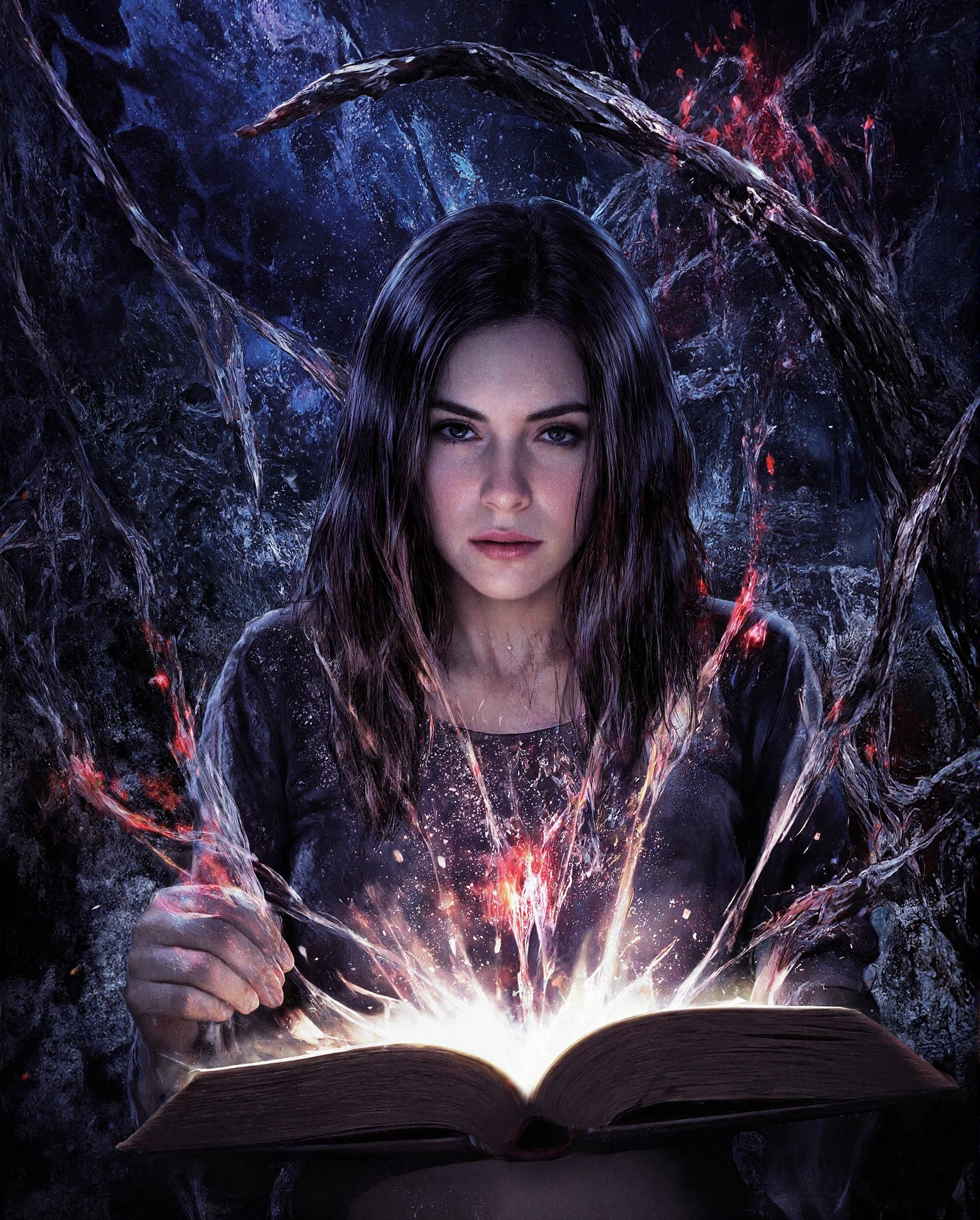 Witch reading a book with a glowing light coming out of it - SeaArt AI