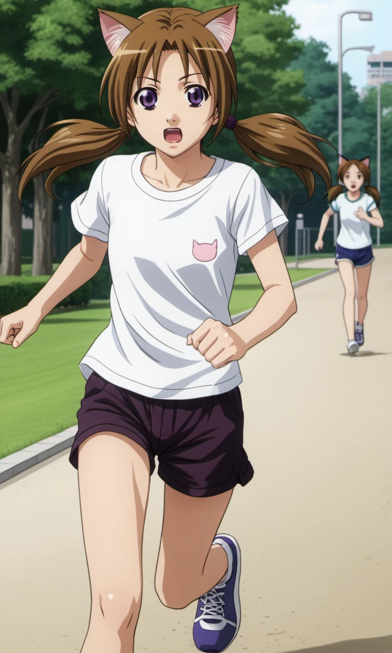 Ichika, 1girl, purple eyes, brown hair, twintails, cat ears, cat tail ...