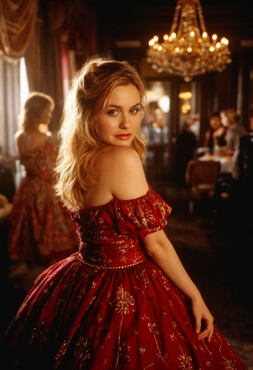 Cinematic still of Alicia Silverstone, she is a beautiful fairy tale ...