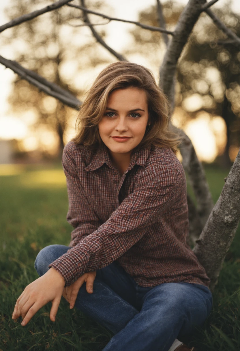 A portrait of Alicia Silverstone wearing jeans an a flannel shirt ...