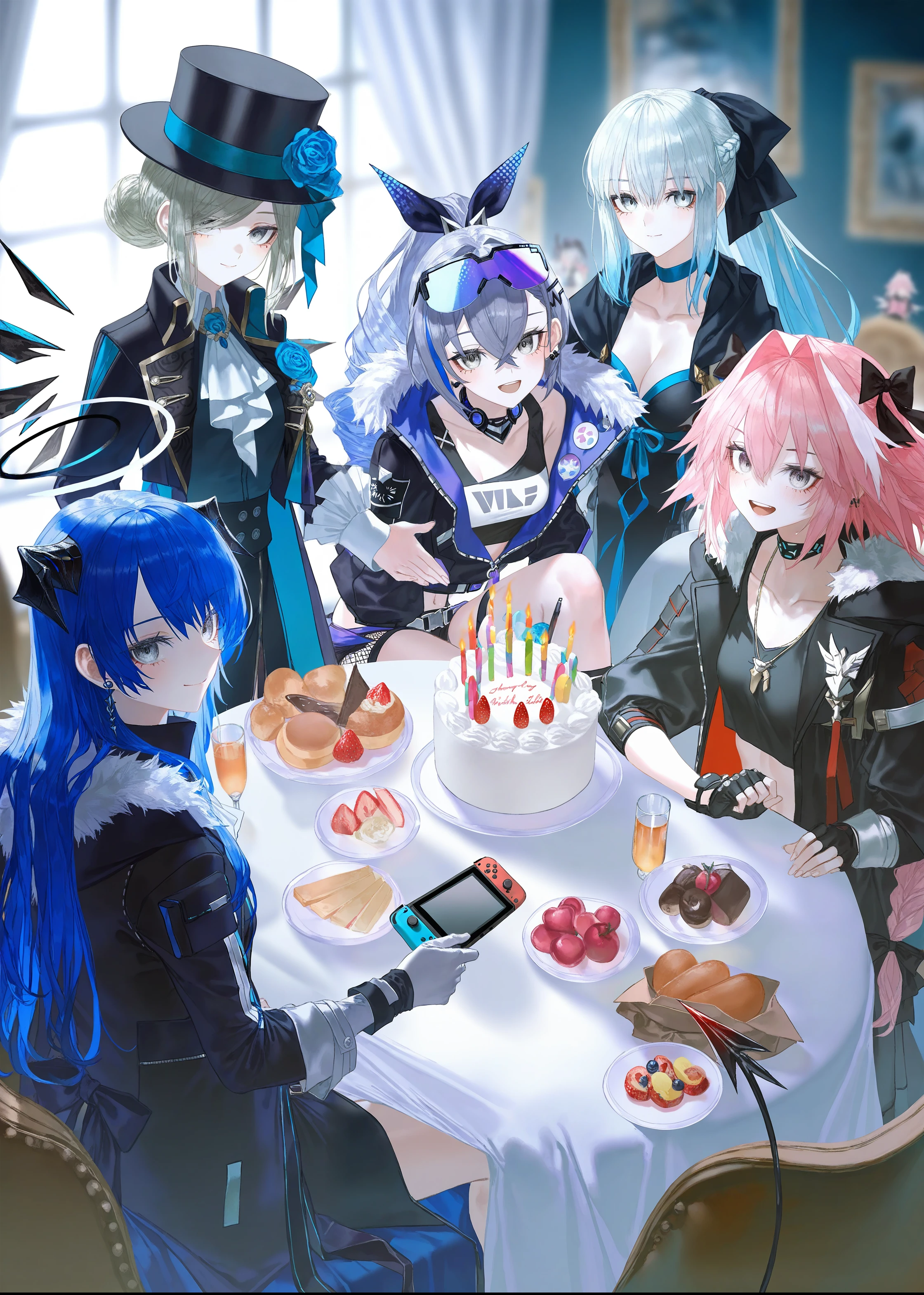 Anime characters sitting around a table with a cake and donuts - SeaArt AI