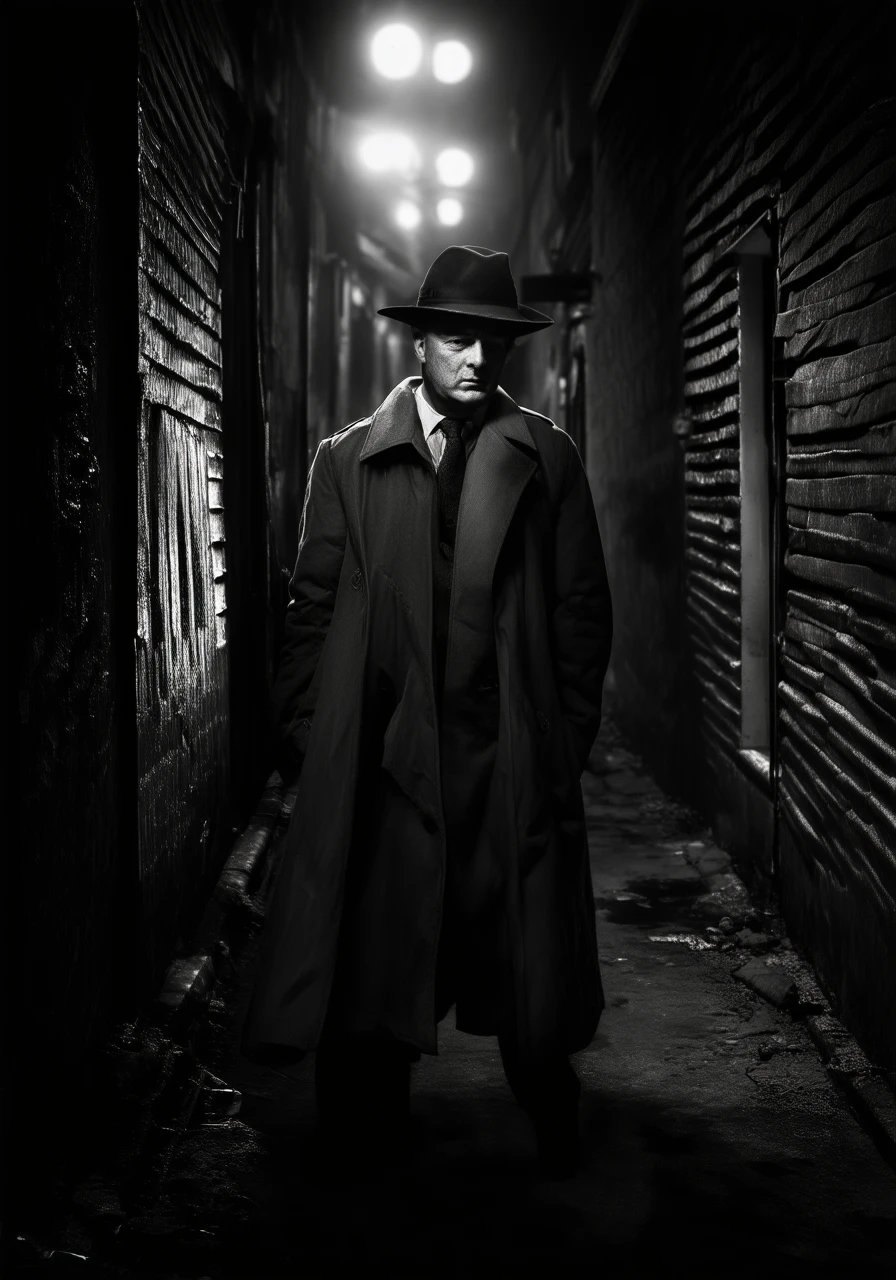 Detailifier,high-detail photography of a shady man in trenchcoat and ...