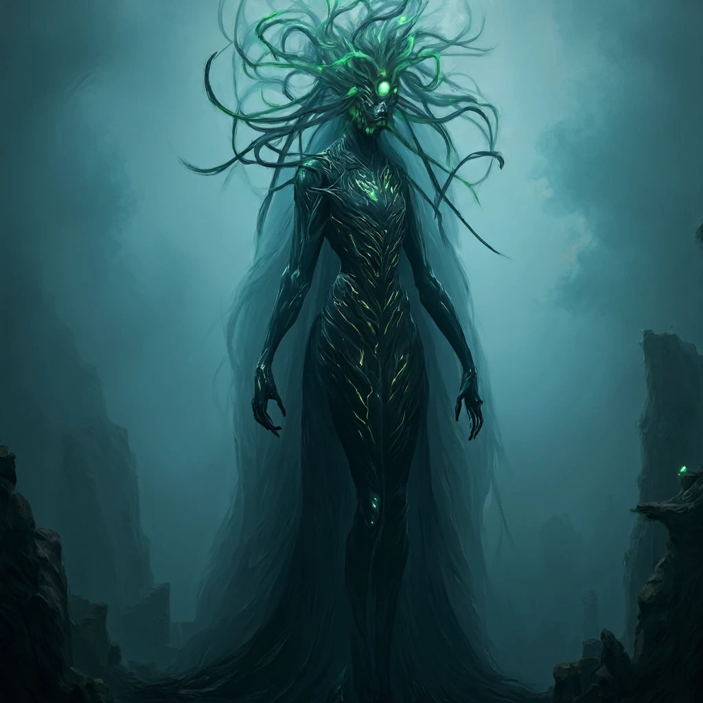 A striking necroid woman viewed slightly from below, giving her an ...