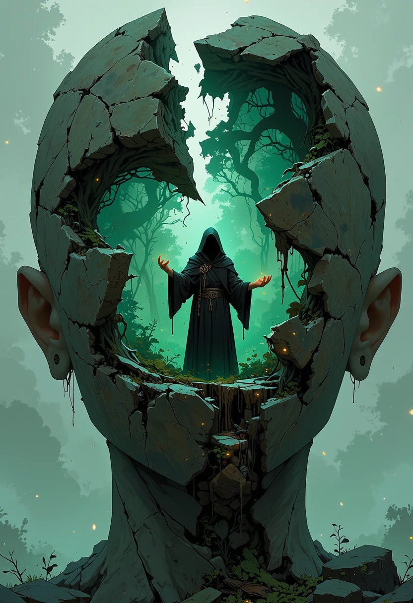 Close-up of a fractured stone statue, its face split into angular ...