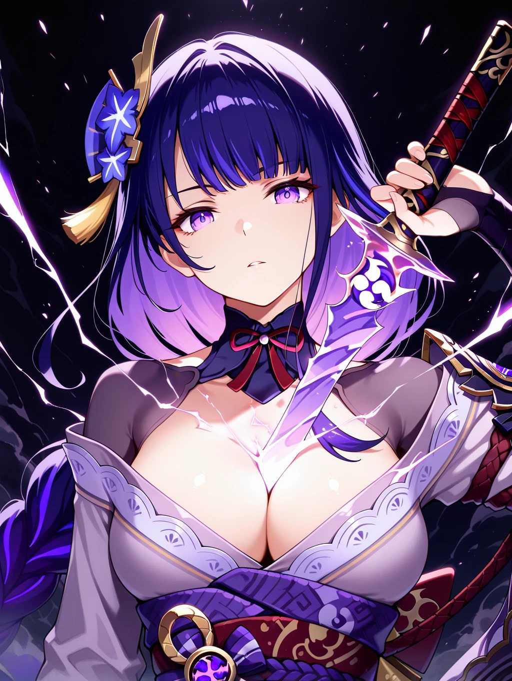 1girl, raiden shogun, holding sword,between breasts, head tilt - SeaArt AI