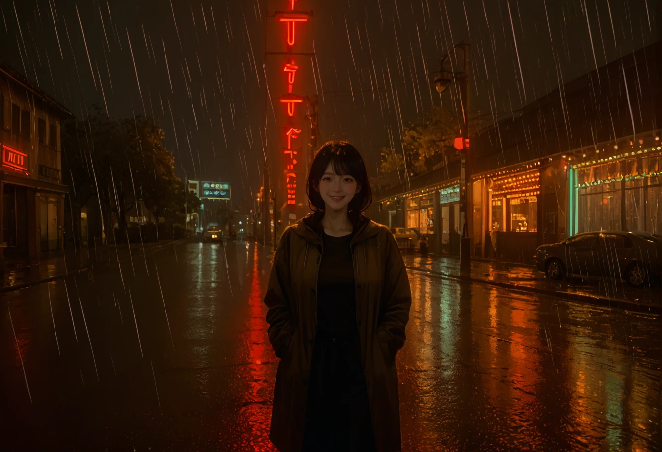 ,ruanyi1204,rain,outdoors, neon trim,lamppost,dim lighting,