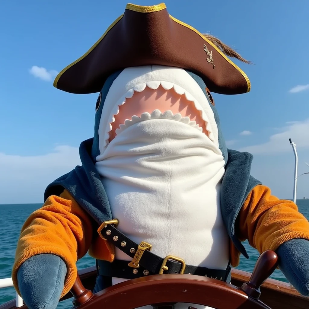 Blue sky, proud pirate captain blahaj plush toy shark, posing at his ...
