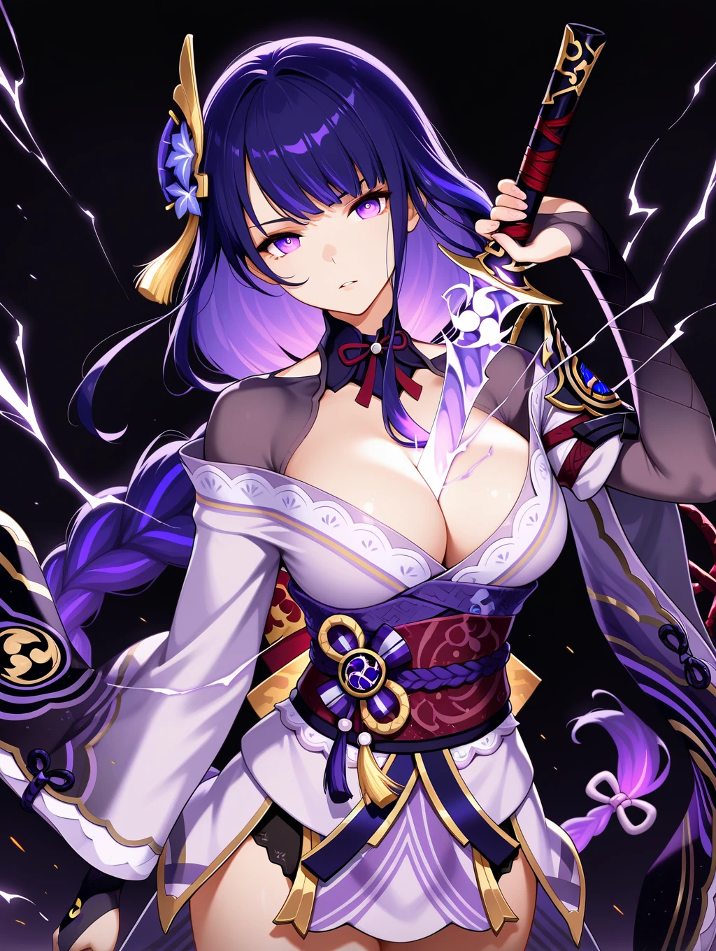 Cowboy shot, 1girl, raiden shogun, holding sword,between breasts - SeaArt AI