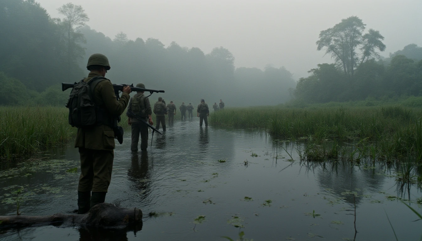 Cinematic wide shot of a group of soldiers wading through a swamp in a ...