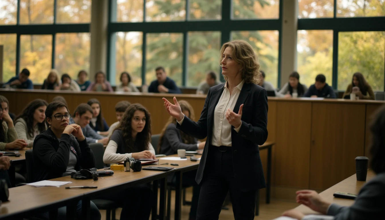 Cinematic wide shot of middle aged woman in business clothes lecturing ...