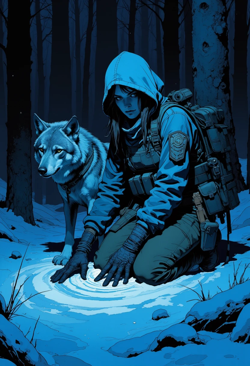 A digital drawing featuring a lone futuristic, rugged female warrior ...