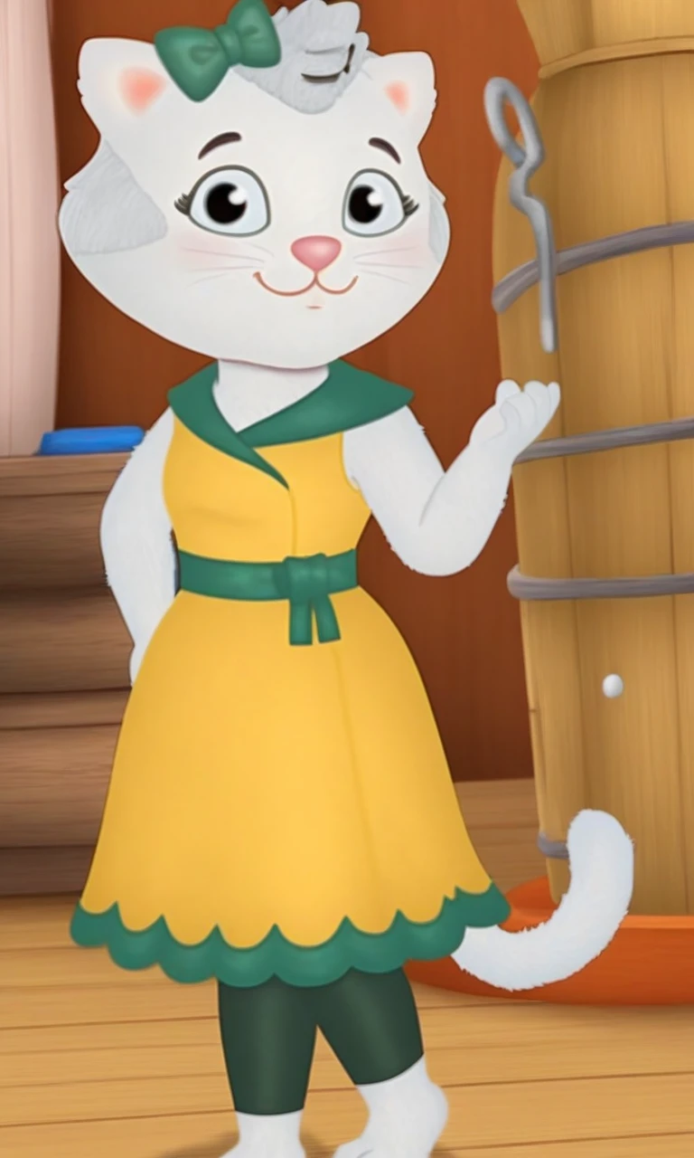 Henrietta, 1girl, solo, white cat, grey patches on head, yellow dress ...
