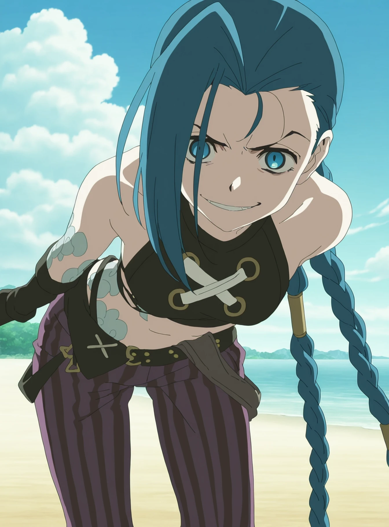 Anime girl with blue hair and blue eyes leaning on a beach（jinx (league ...