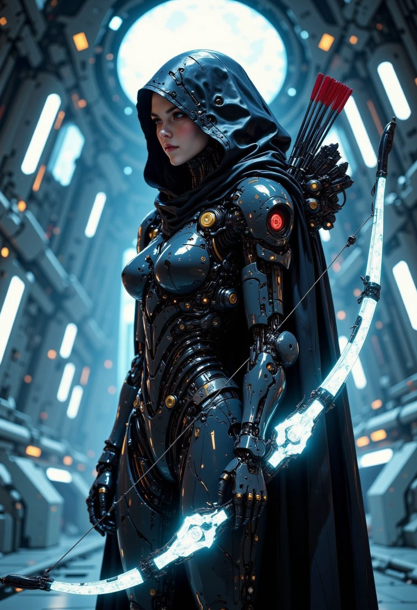 High-quality, masterpiece, in the style of cksc, A futurisitc hooded ...