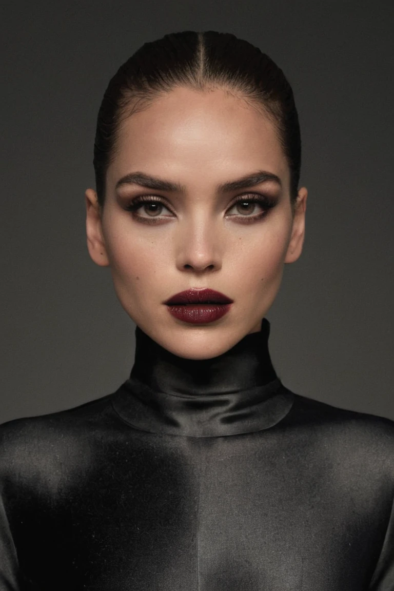 Create a high-resolution, dramatic low-key close up fashion portrait of ...