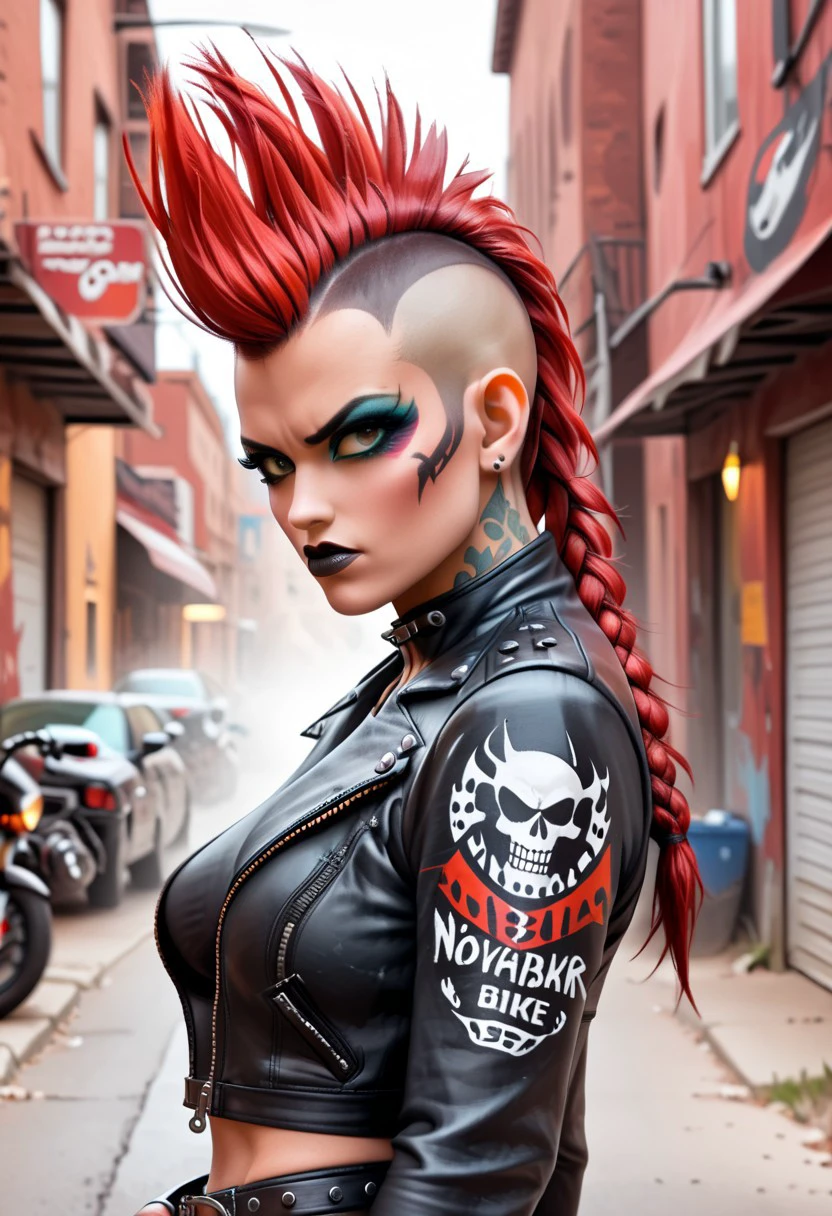 NovaBiker, 1girl, Mohawk, makeup, biker, leather - SeaArt AI