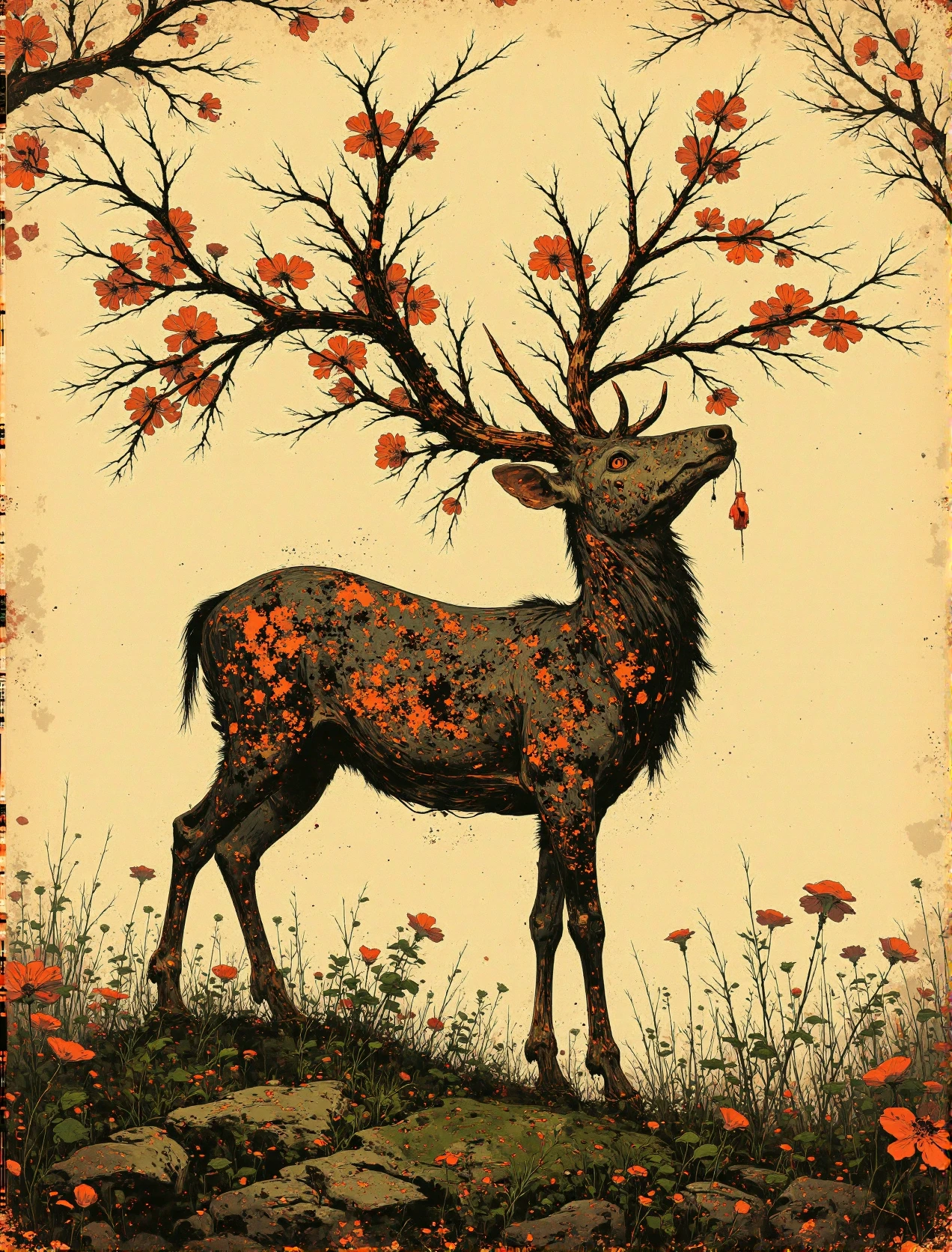 A majestic and regal white stag standing at the heart of an ancient ...