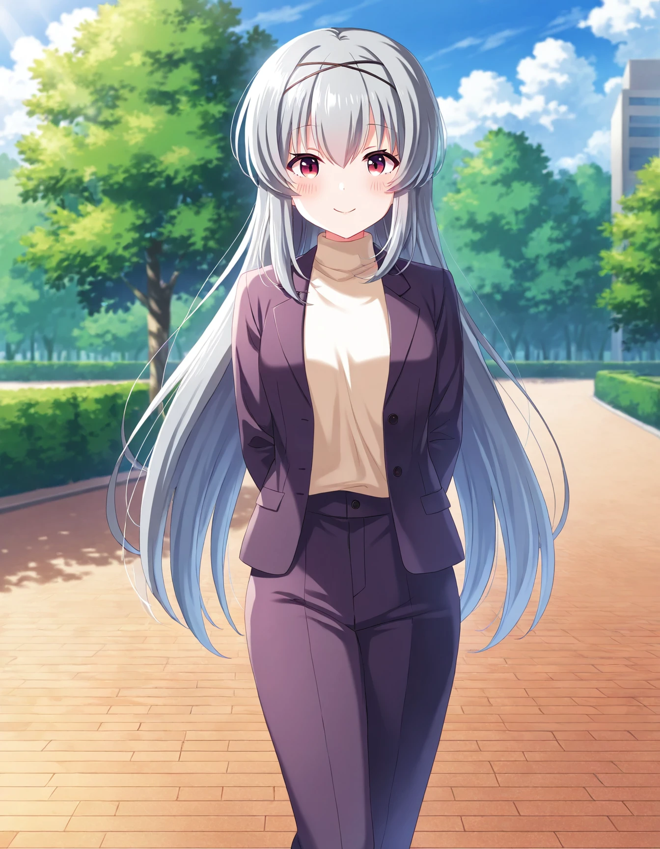 1girl, solo, cowboy shot, tendo rui, hairband, idoly pride, casual ...