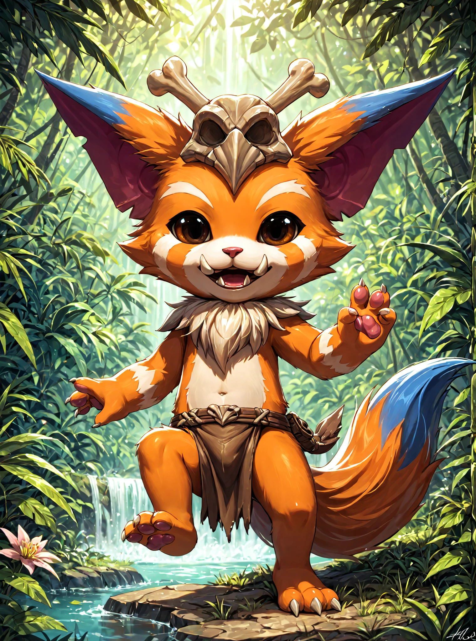 Gnar, yordle, fangs, 3 toes, pawpads BREAK loincloth BREA - SeaArt AI