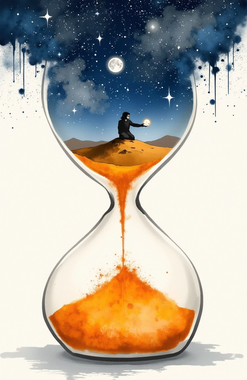 Anime_j4pan, watercolor_4rt, An hourglass holding a starry night sky in ...