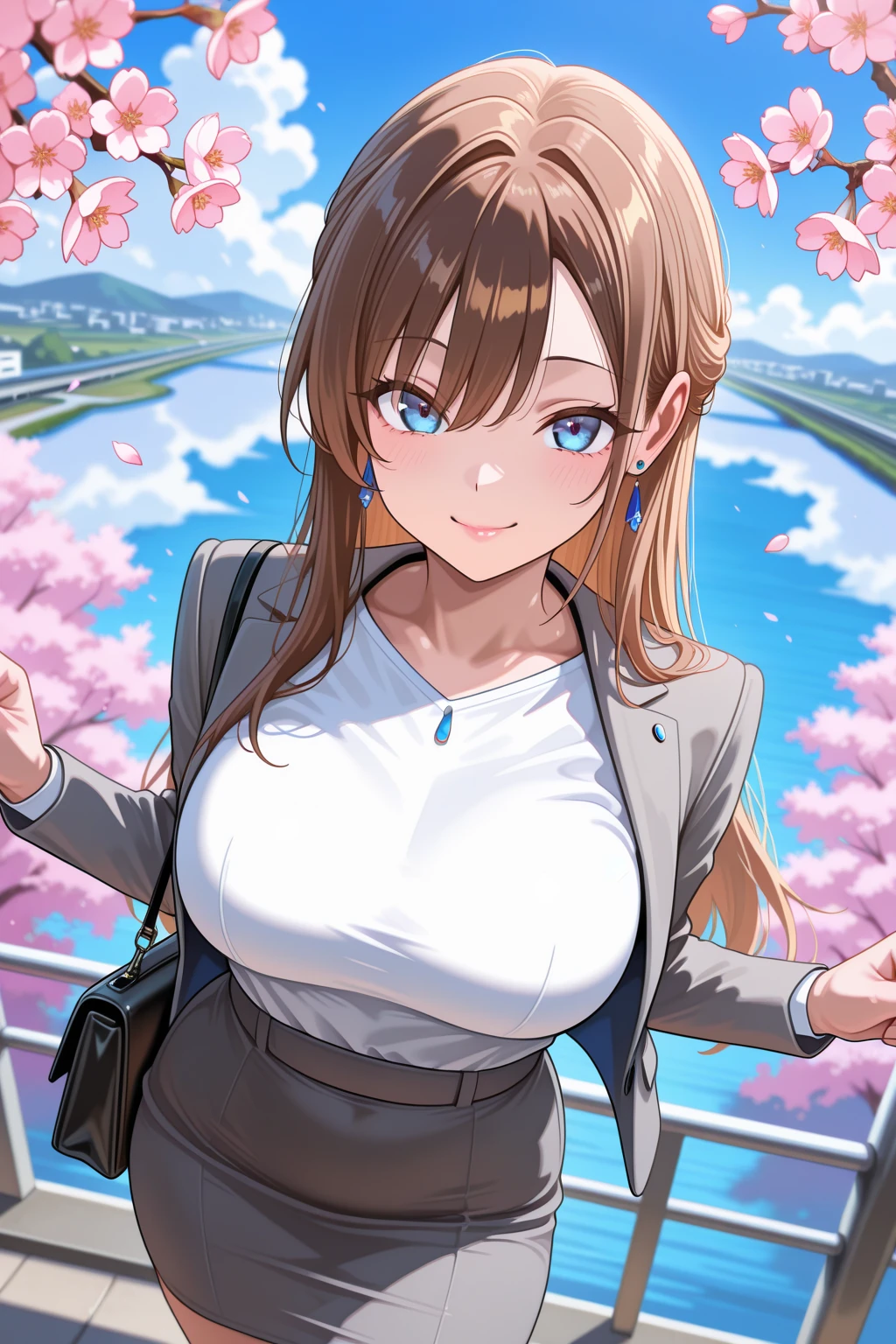 Aya_Honma, stands proudly on the river road, surrounded by blooming cherry bloss - SeaArt AI