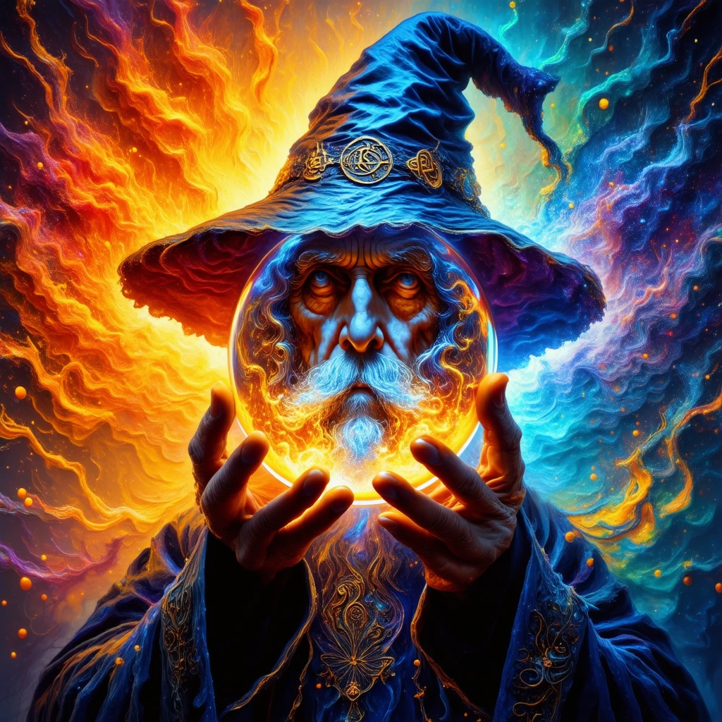A wizard holding a magical glass sphere, expanding sparks, mysterious ...