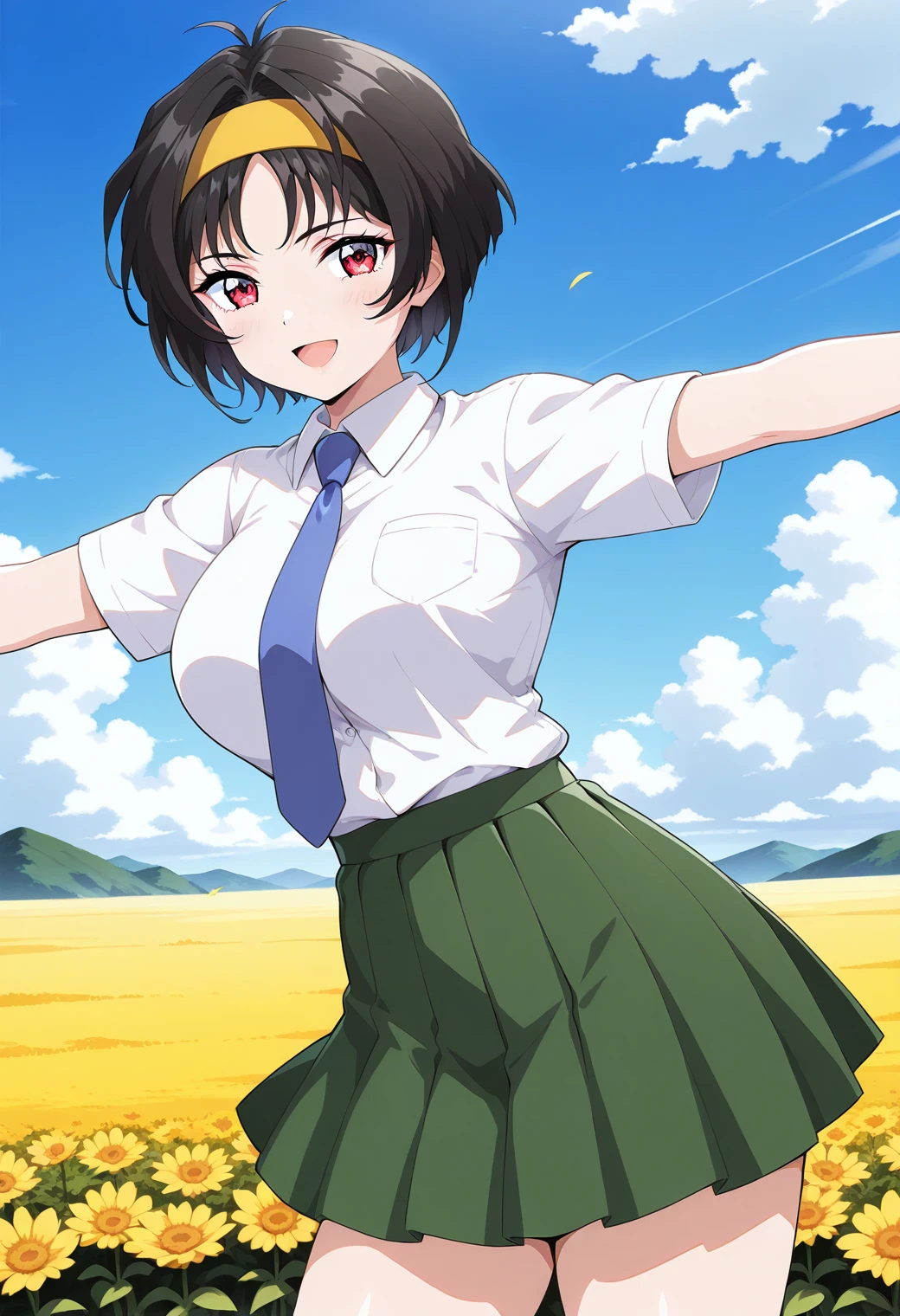 Hayami_ryoko, red eyes, short hair, black hair, hairband, blue necktie ...