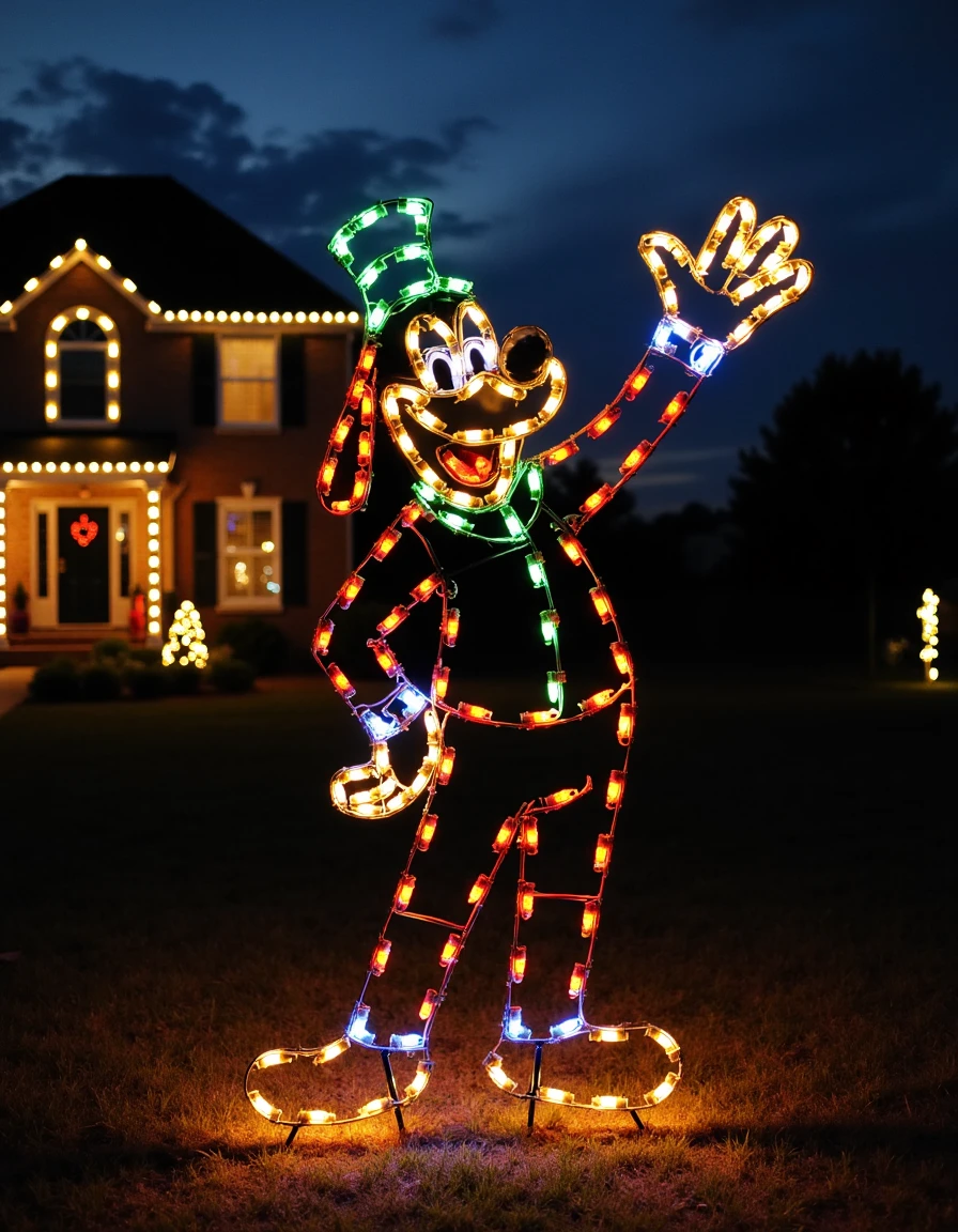 Light display of Goofy and he is waving hello in the front yard of his ...