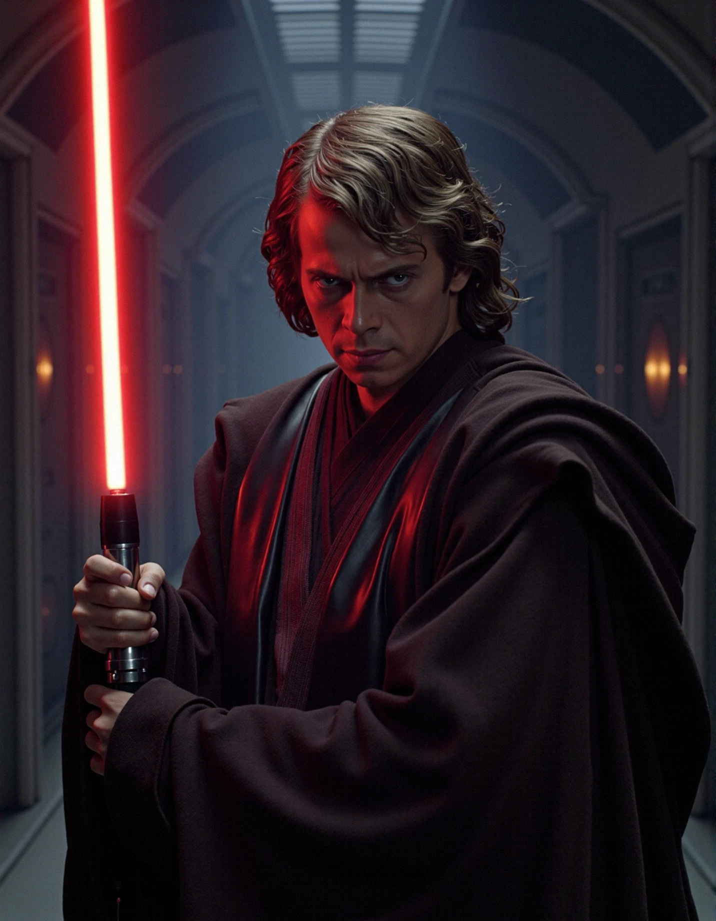 A close-up of an4k1n, a man wearing a jedi robe,he is standing in the ...