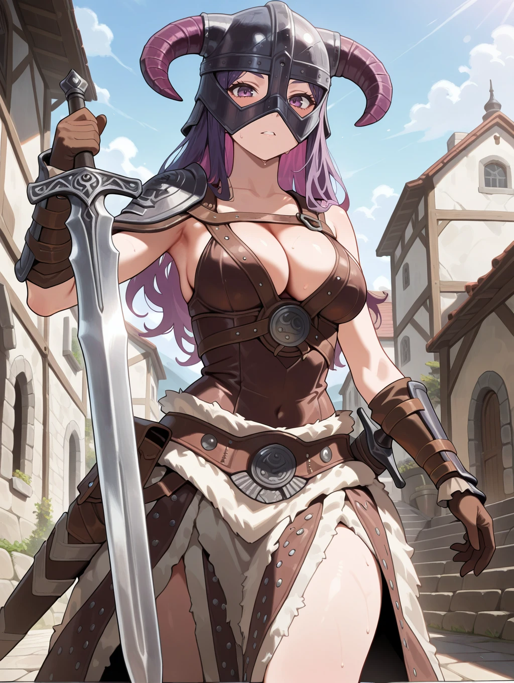 Dovahkiin armor,1girl,solo,sword,brown gauntlets,horned helmet - SeaArt AI