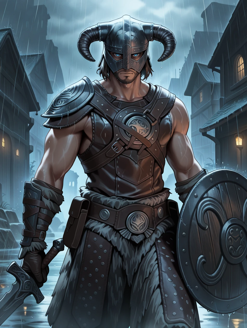 Dovahkiin armor, sword, shield, 1boy, rain, male focus, horned helmet - SeaArt AI