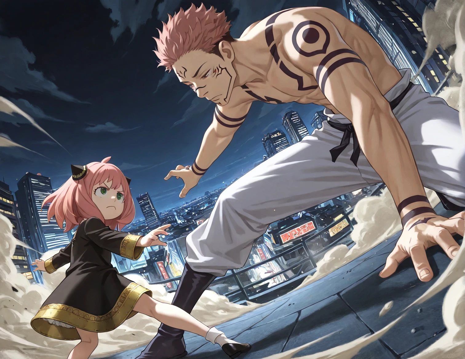 1girl, 1boy, anya \(spy x family\) frown legs apart leaning forward ...