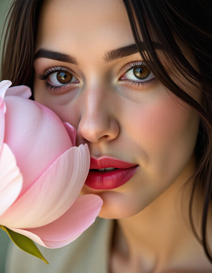 A close-up portrait of a young woman with delicate features, captured ...