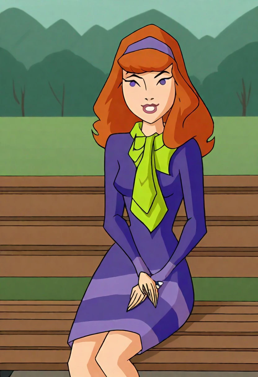 Daphne Blake, sitting on a bench, view from front, looking at viewer ...