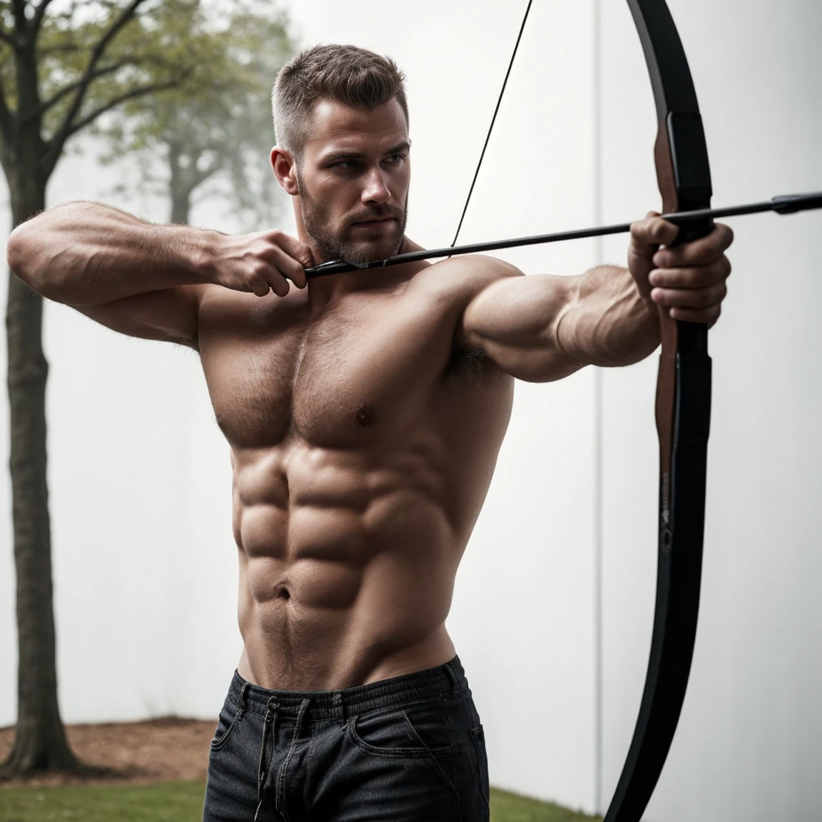 Male focus, face beauty, muscular body, hunk, archery, realistic ...