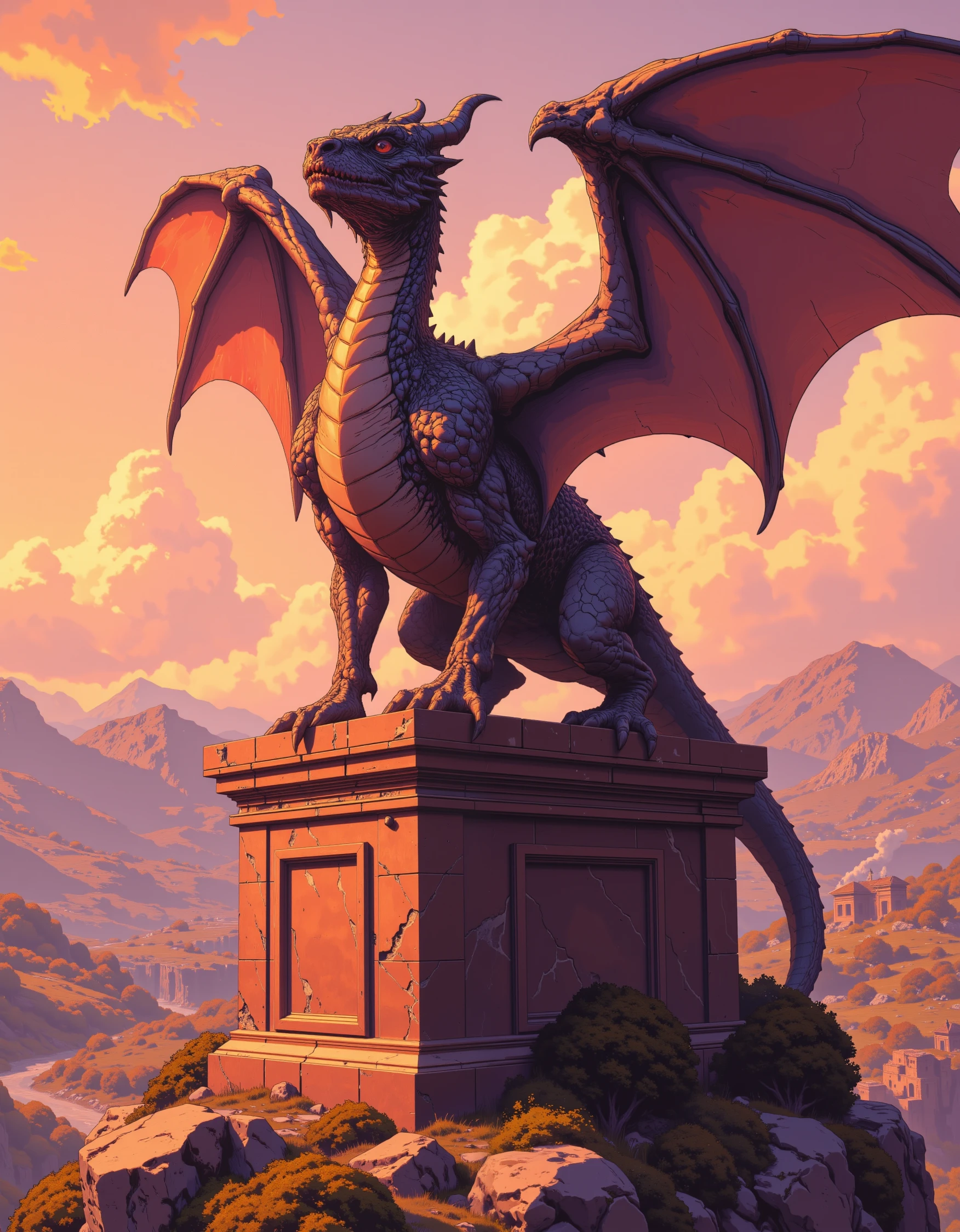 2d limited color pallet comic illustration. (warm colors) A dragon ...