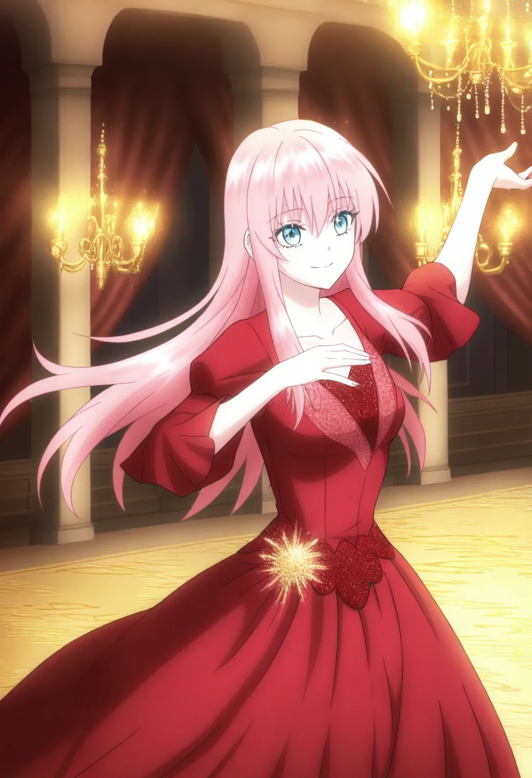 Anime girl in red dress dancing in a ballroom with chandelier（megurine ...