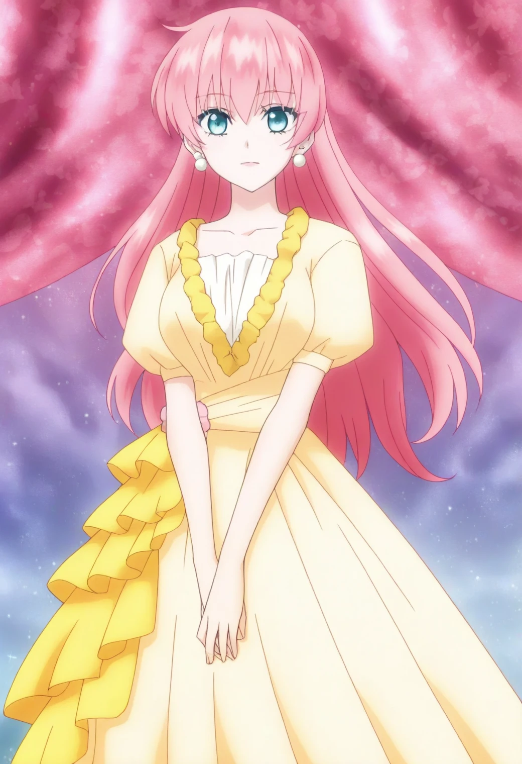 Anime girl in yellow dress with long pink hair and blue eyes - SeaArt AI