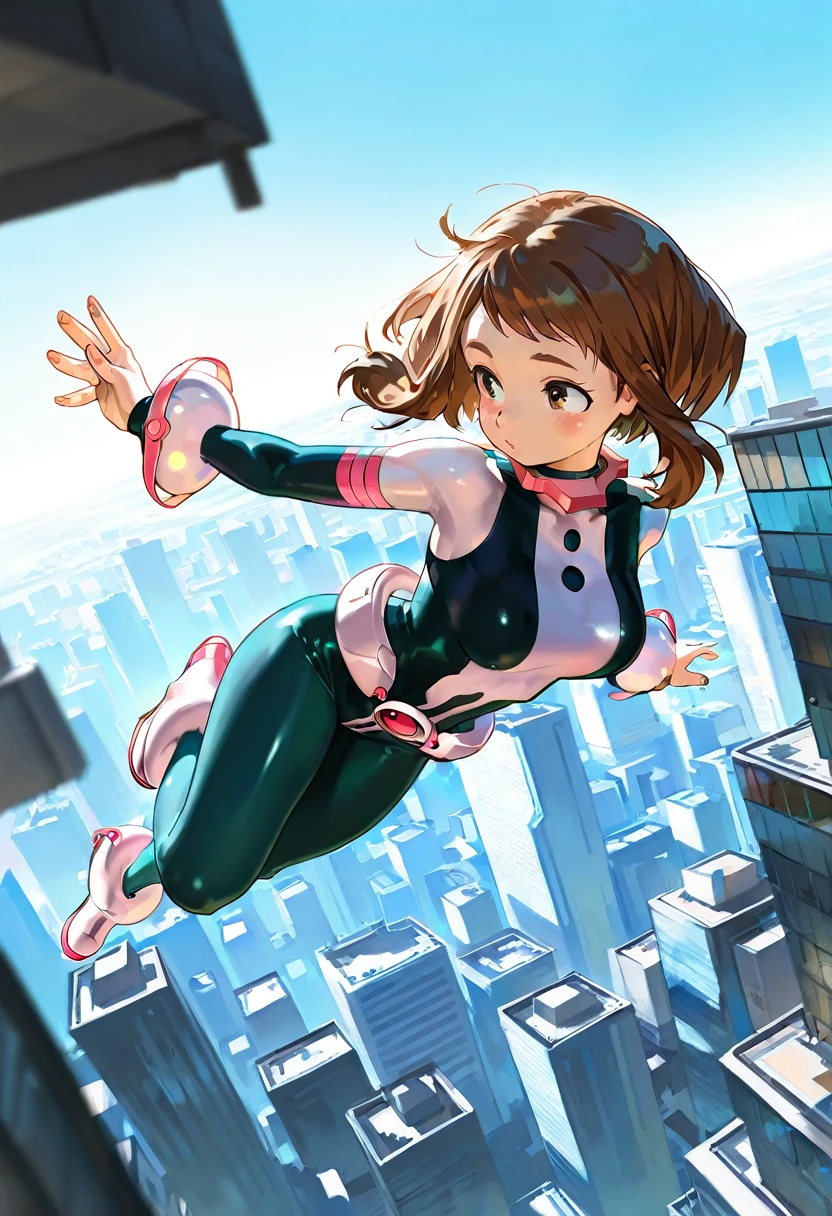 Anime girl flying over a city with a city in the background（uraraka ...
