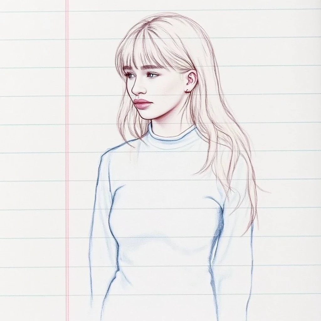 Colored pencil on white paper. rough sketch of Malina Weissman on lined ...